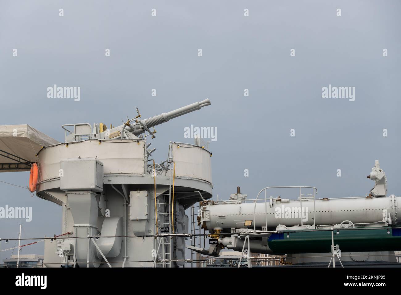 A double-barreled anti-aircraft gun on a historic warship. Photo taken ...