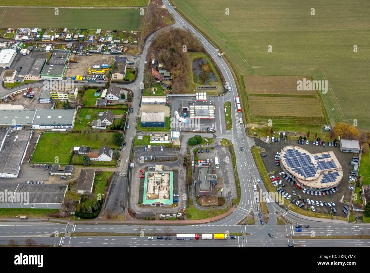 Aerial view, Kamen-Karree with new fast charging park in Kamen, Ruhr ...