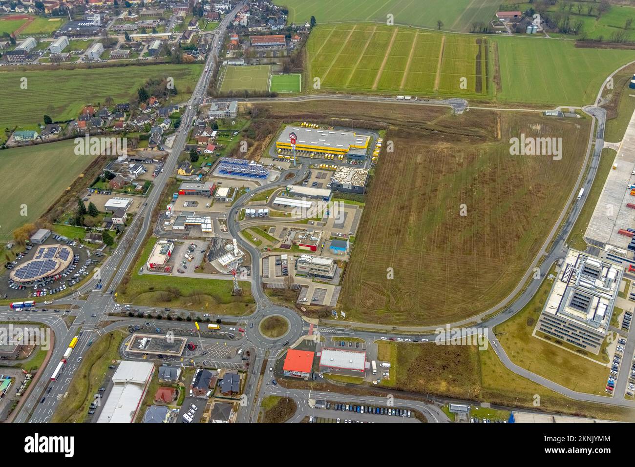 Aerial view, Kamen-Karree with new fast charging park in Kamen, Ruhr ...
