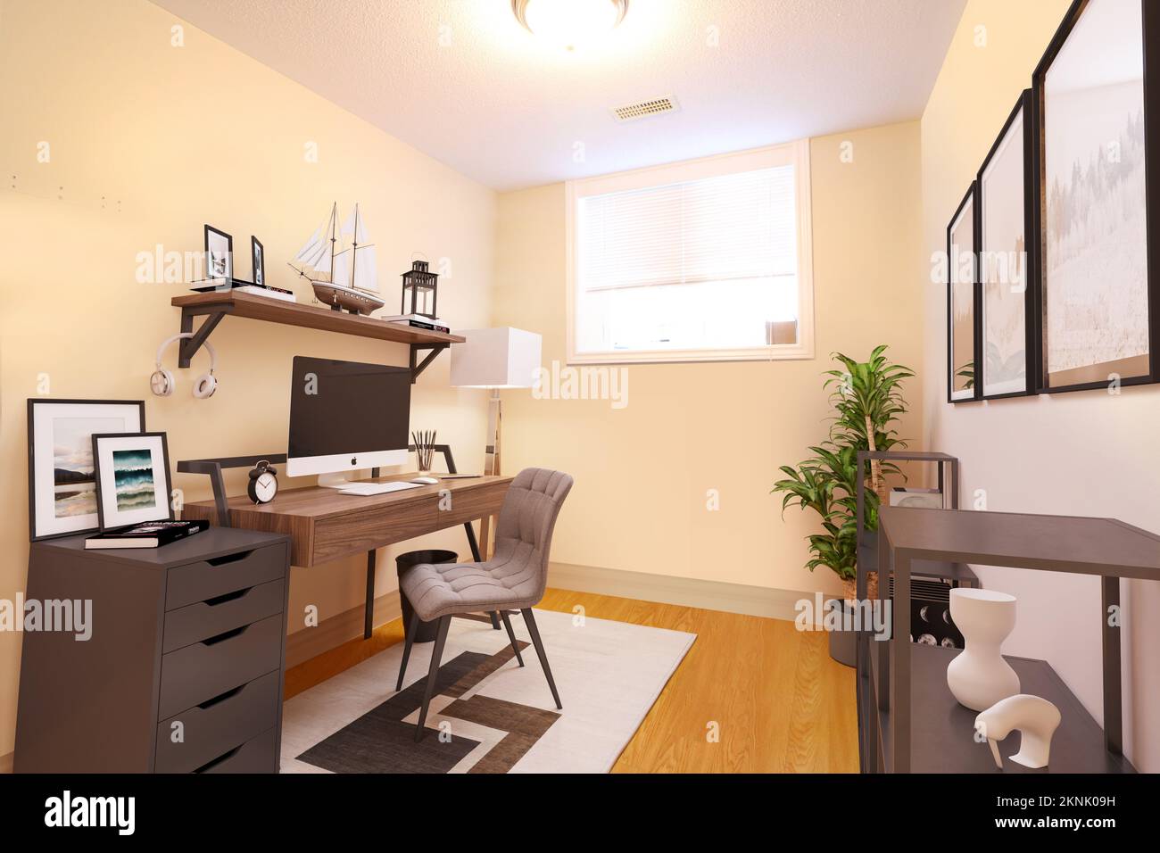 A beautiful 3D rendered design of comfortable workplace with computer ...