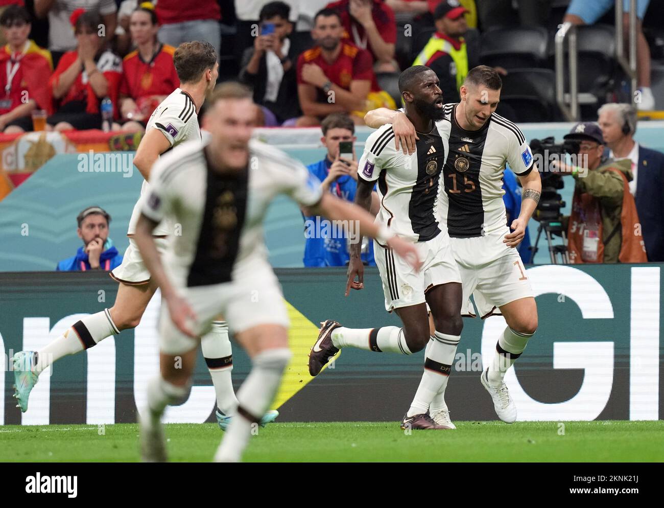 Germany's Antonio Rudiger celebrates a goal ruled offside by VAR during ...