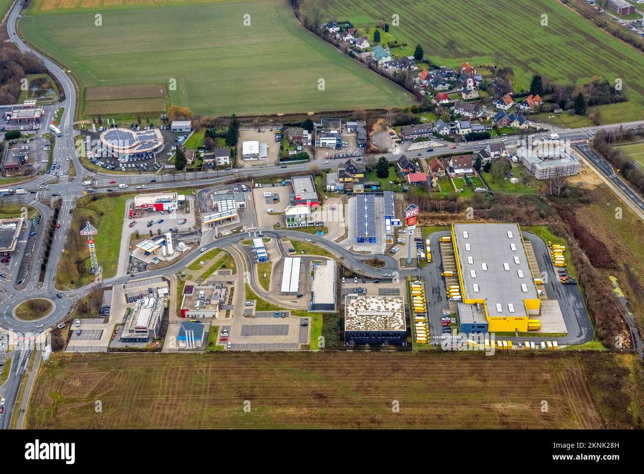 Aerial view, Kamen-Karree with new fast charging park in Kamen, Ruhr ...