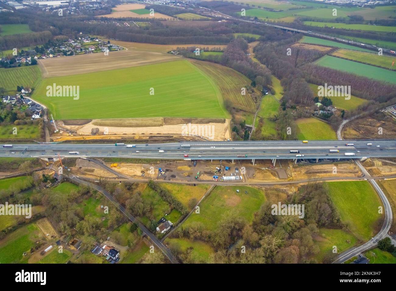 Aerial view, construction site Liedbachtalbrücke at A1 freeway in ...