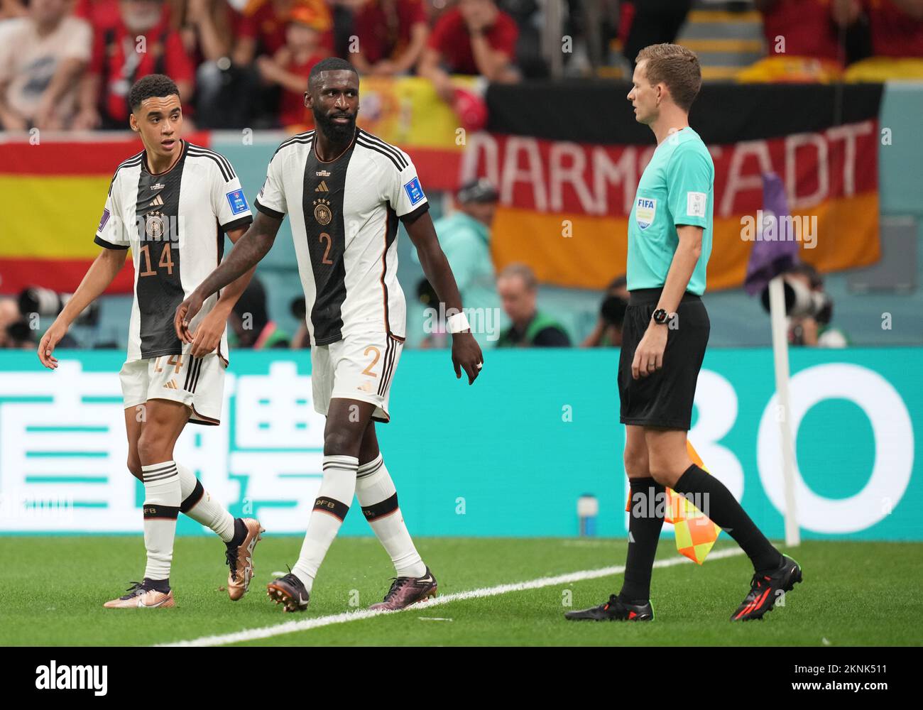 Germany's Antonio Rudiger reacts as a goal is ruled offside by VAR ...