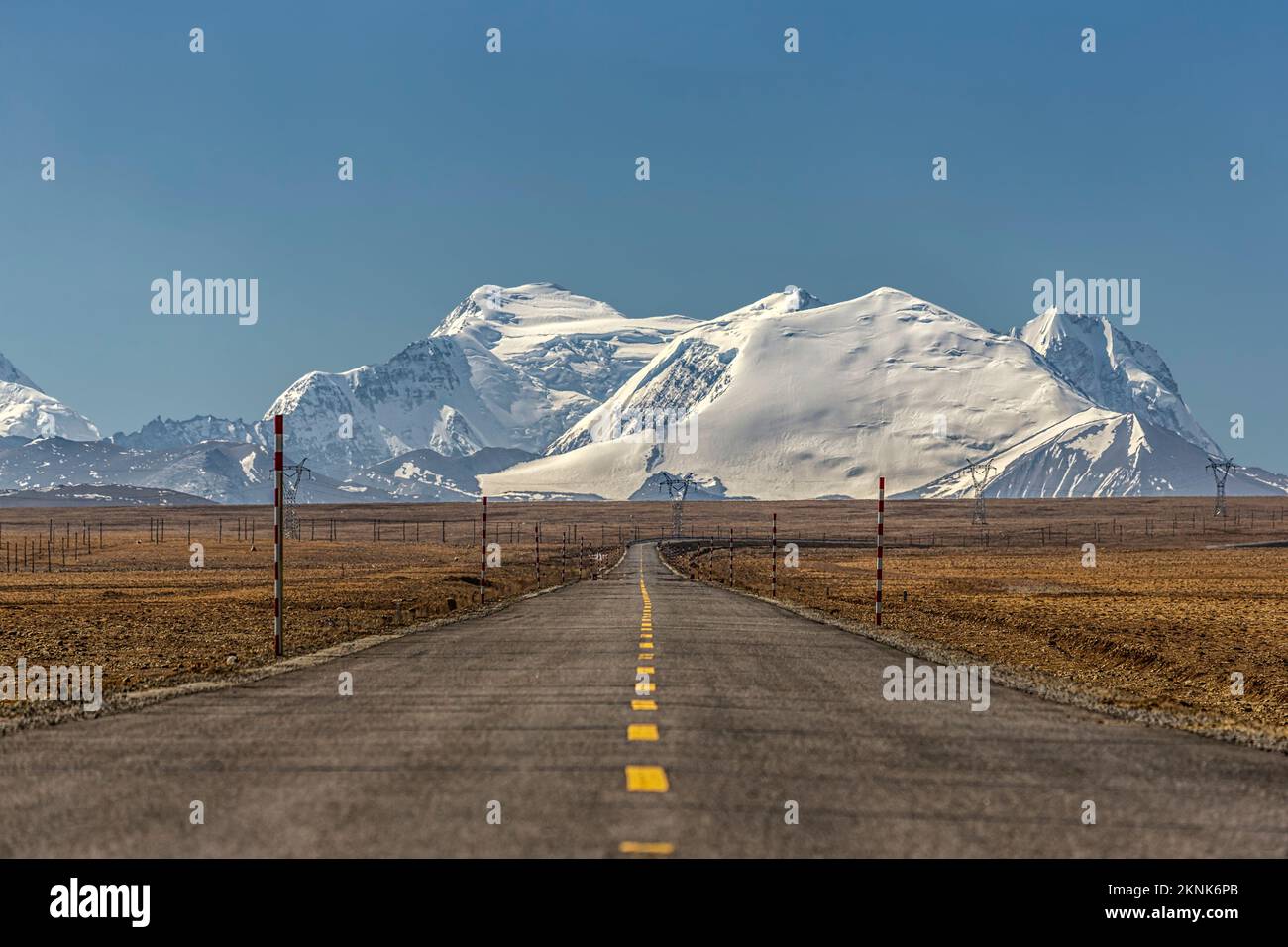 A beautiful view of snow mountain and the national highway in Dingri ...