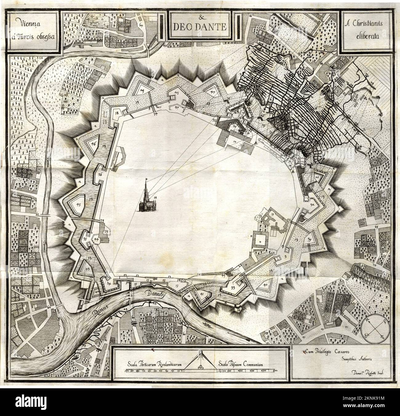 Vintage city plan of Vienna and area around it from 17-19th century ...