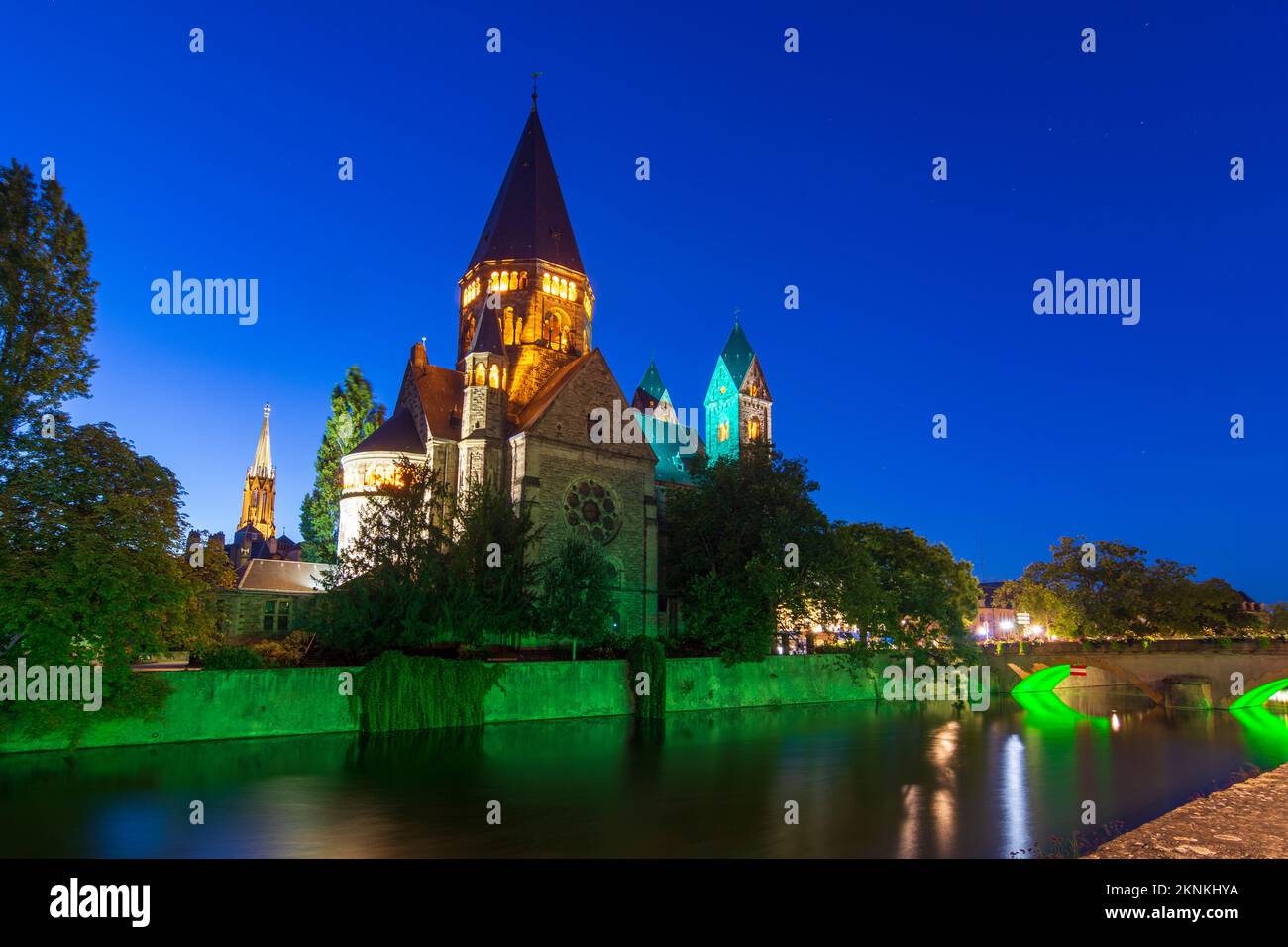 Metz: Temple Neuf de Metz (Protestant Metz City Church), river Moselle ...