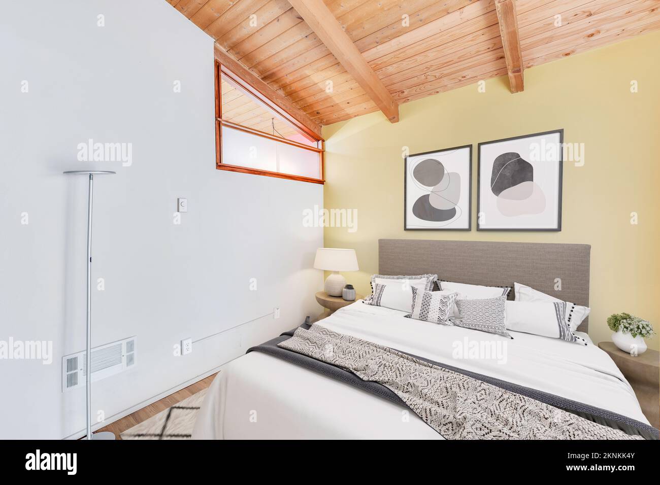A 3D rendering of a cozy rustic bedroom interior with bedding sheets in ...
