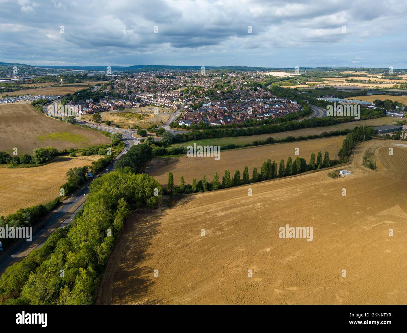 A bird's eye view of the Hoo peninsula townscape surrounded by fields ...