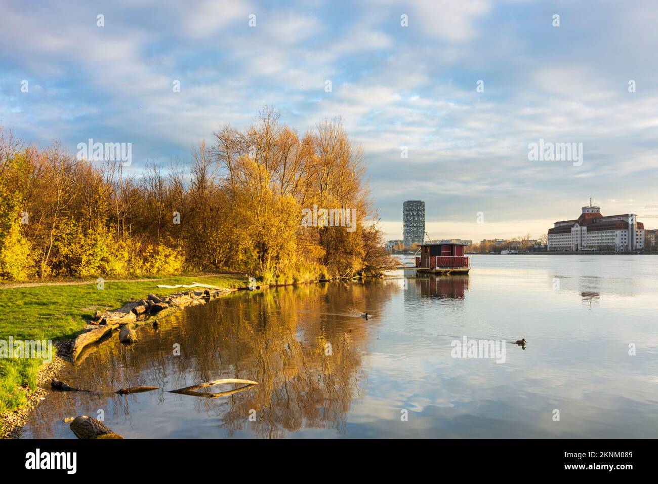Wien, Vienna: river Donau (Danube), island Donauinsel, Marina Tower ...