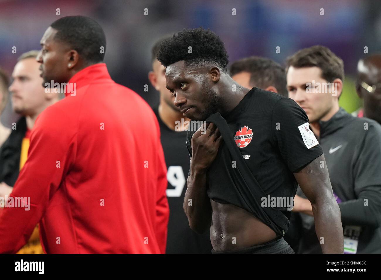 Canada forward Alphonso Davies (19) looks on following Canada's loss to ...