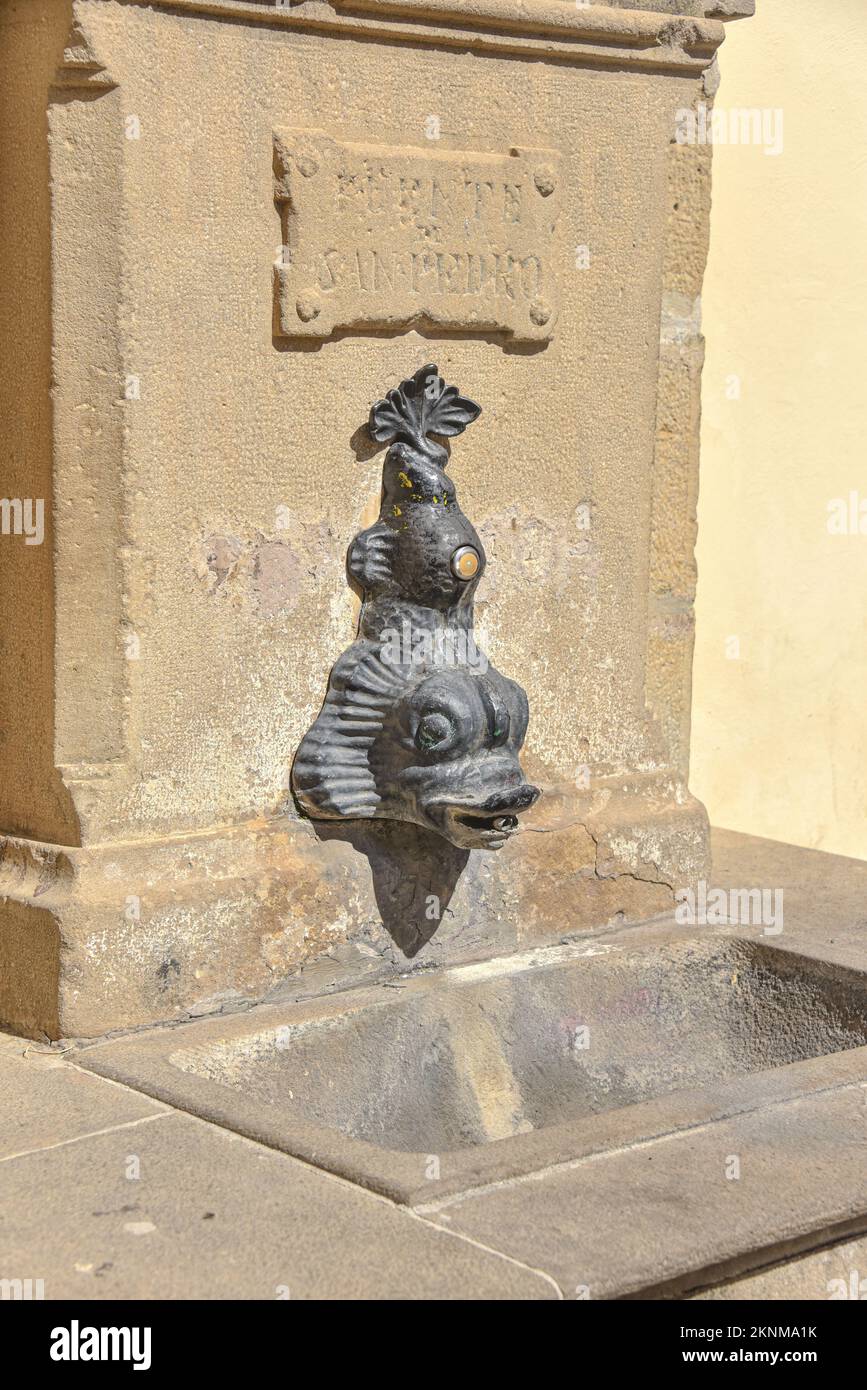 Fish shaped fountain in the Medieval town of Olite, Navarre, Spain ...