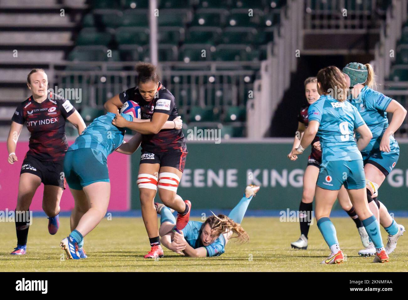 Grace Moore #19 of Saracens Women powers her way through the Wasps ...