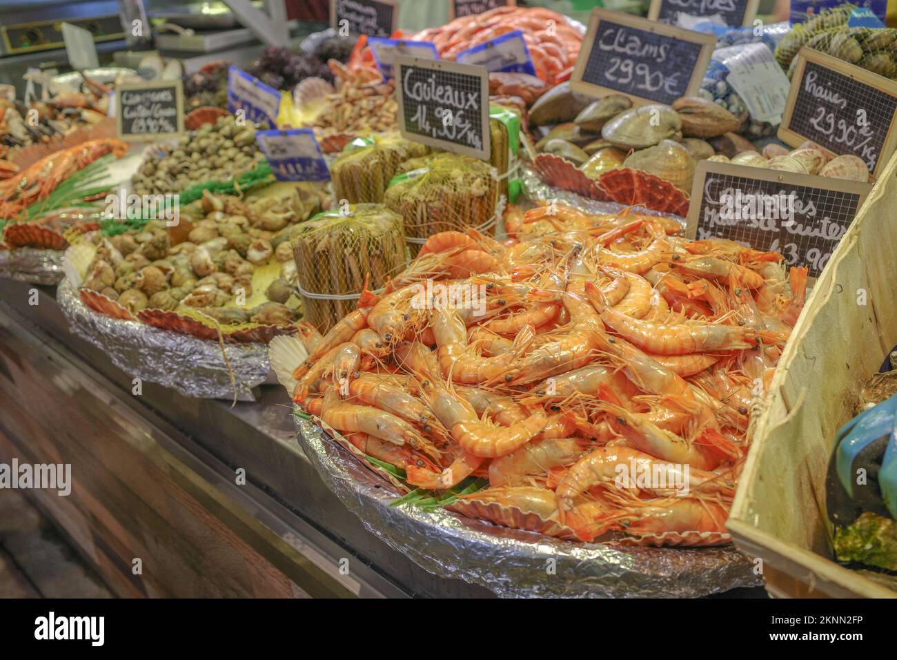 Fresh fish and seafood on sale in Las Halles market, Biarritz, France ...