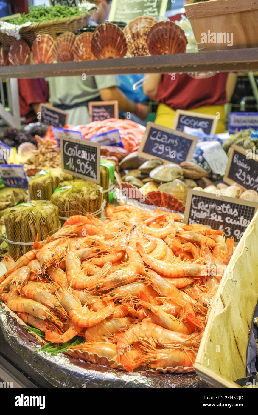 Fresh fish and seafood on sale in Las Halles market, Biarritz, France ...