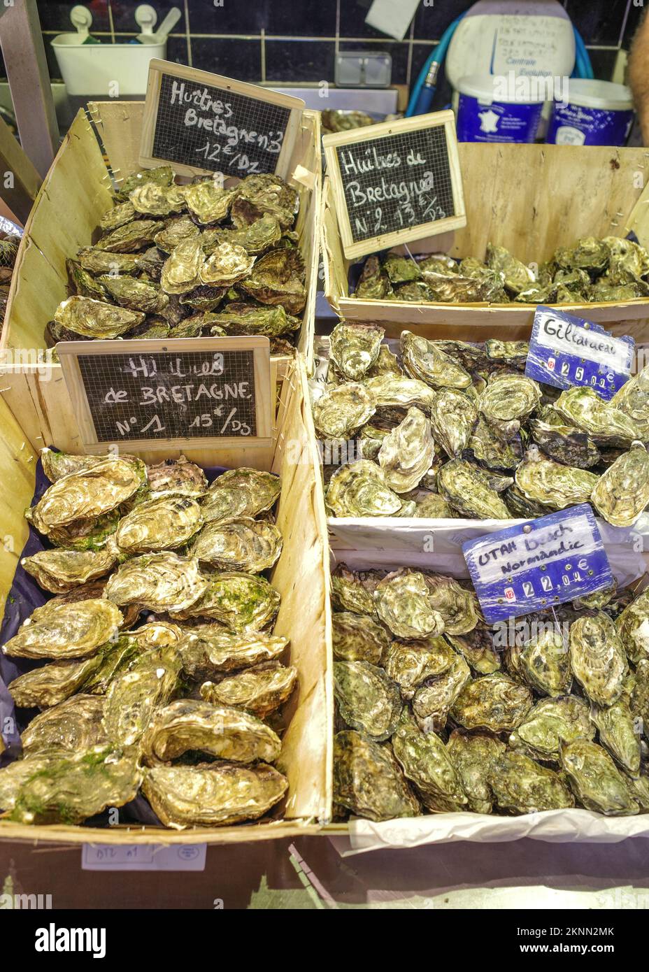 Fresh fish and seafood on sale in Las Halles market, Biarritz, France ...