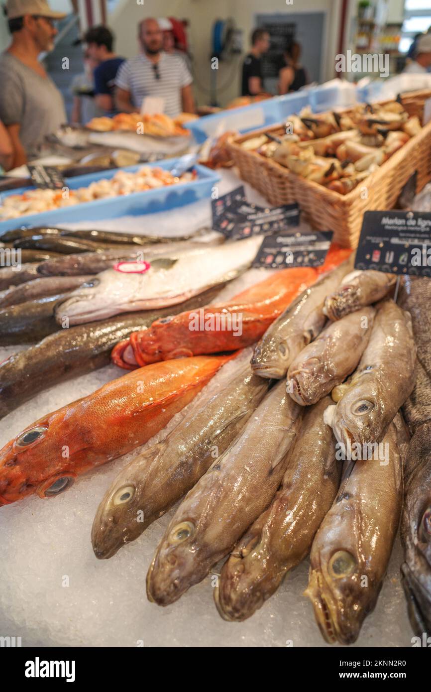 Fresh fish and seafood on sale in Las Halles market, Biarritz, France ...