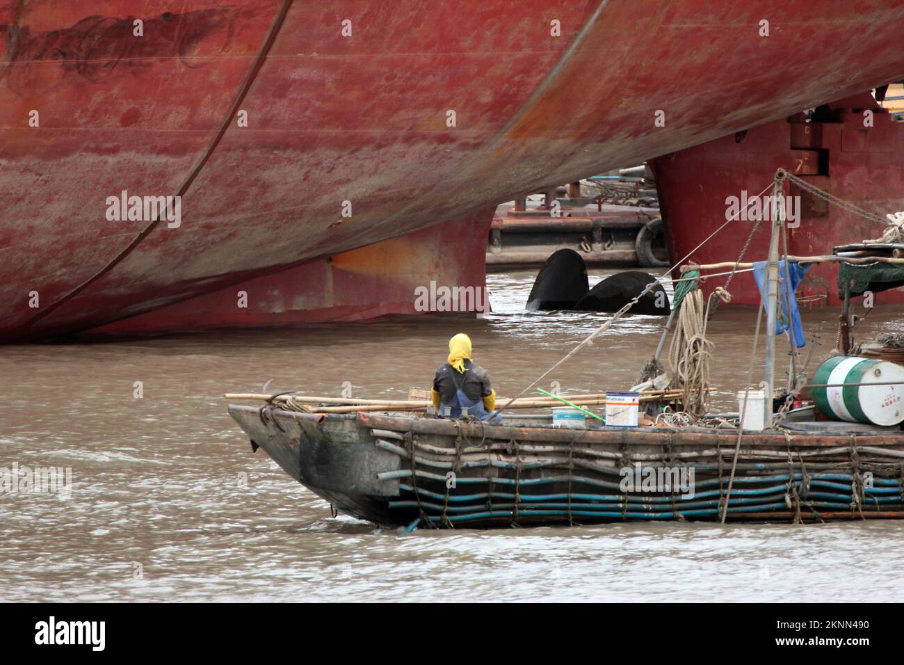 A traditional vessel and a newly constructed ships, Huangpu river ...