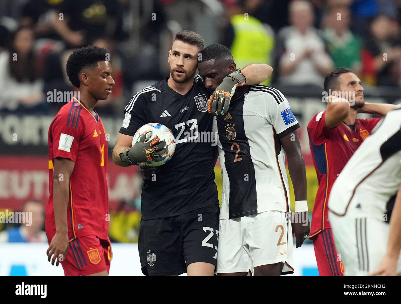 Spain goalkeeper Unai Simon and Germany's Antonio Rudiger react ...