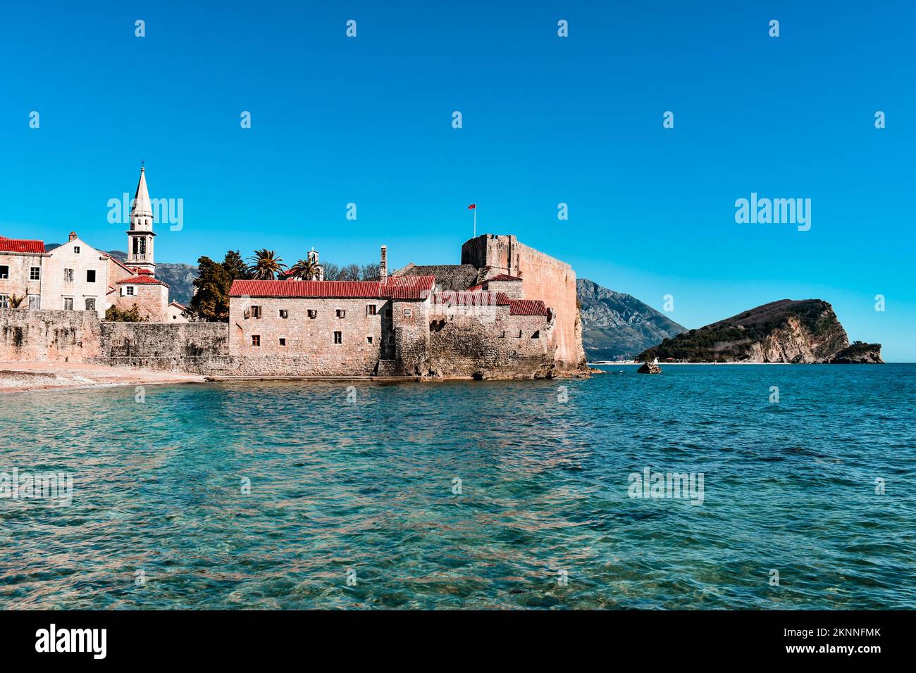 Beautiful coast and the old town of Budva, Montenegro. Adriatic sea ...
