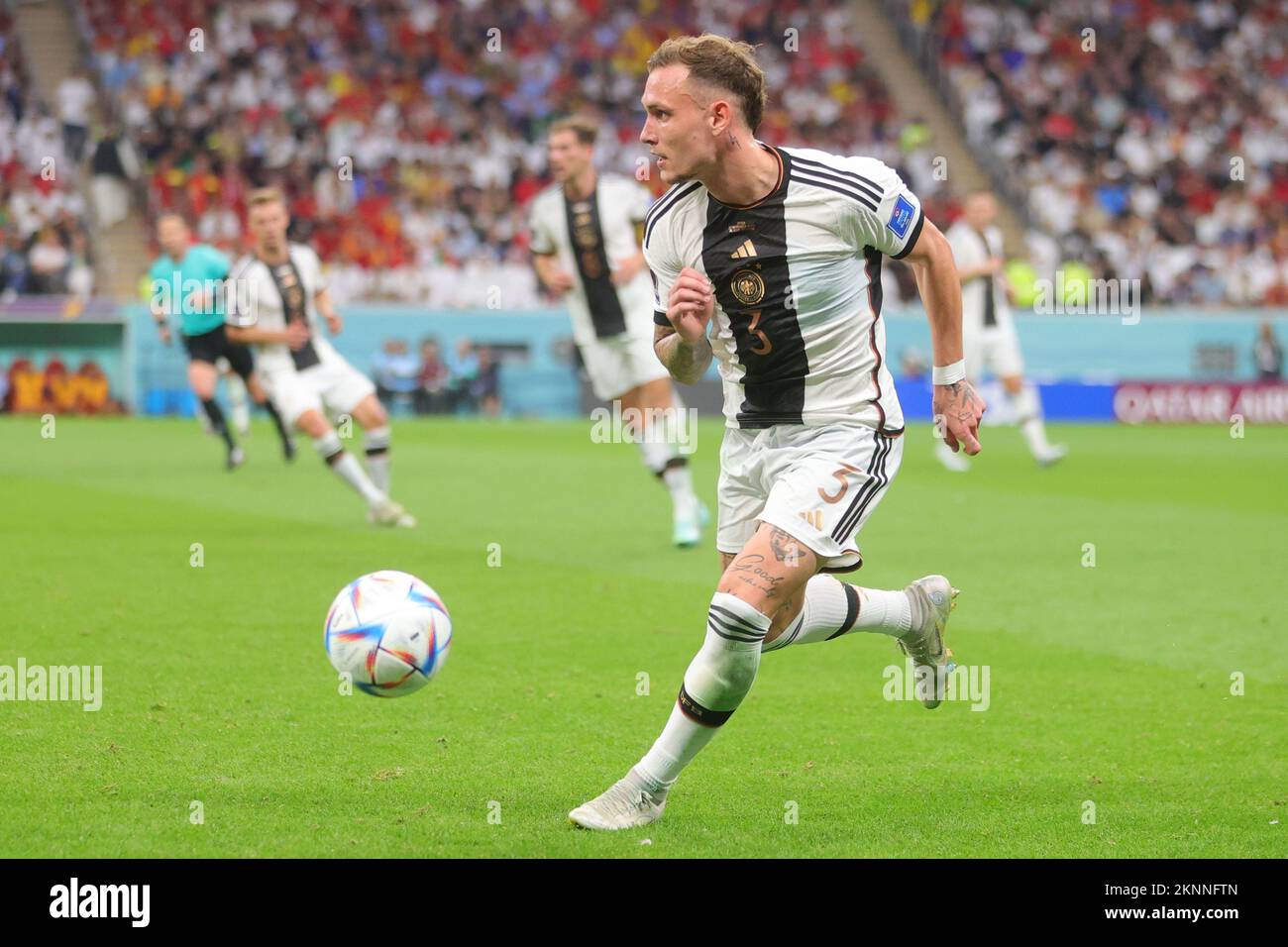 Al Khor, Qatar. 27th Nov, 2022. David Raum of Germany dribbles the ball ...