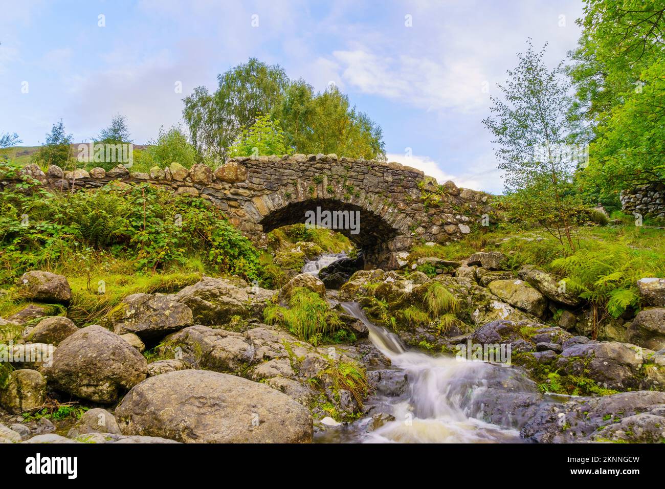 View of the Ashness Bridge, traditional stone-built bridge, near ...