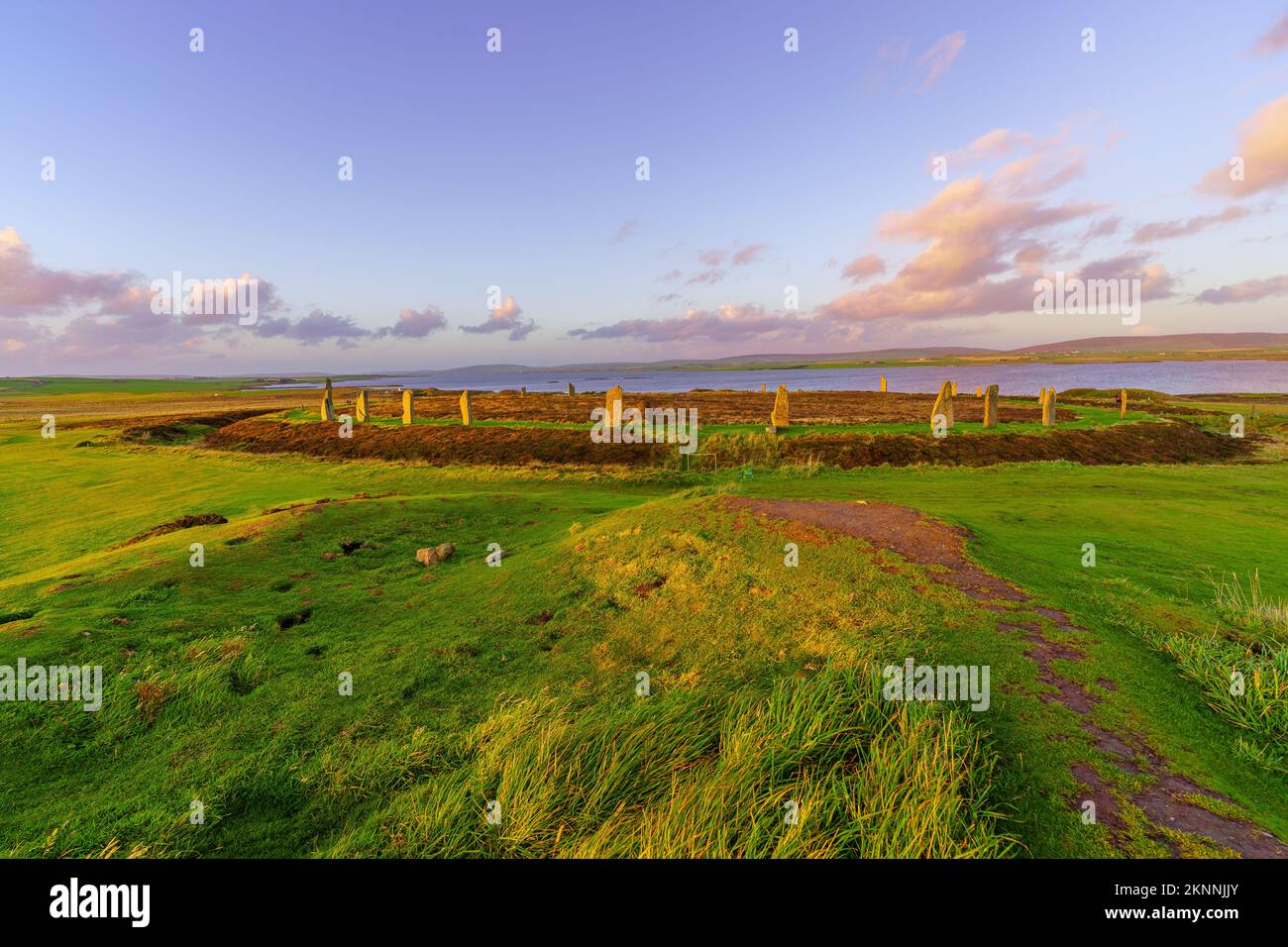 Sunset view of the Ring of Brodgar Stone Circle, in Mainland Orkney ...