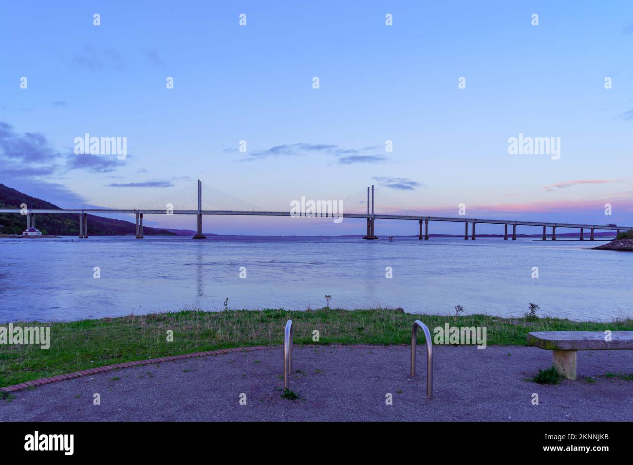 Sunset view of the Kessock Bridge across the Beauly Firth at Inverness ...