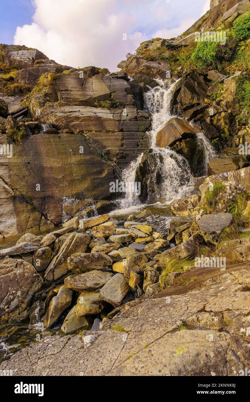 View of the Cwmorthin Waterfall, in Snowdonia National Park, the North ...