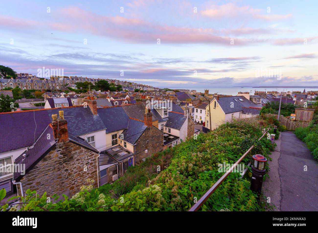 Sunset rooftop view of the town on St Ives, in Cornwall, England, UK ...