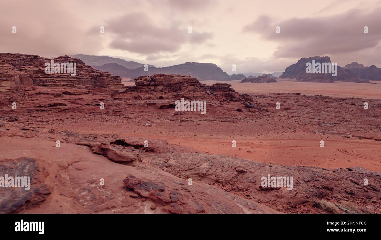 Red orange Mars like landscape in Jordan Wadi Rum desert, mountains ...