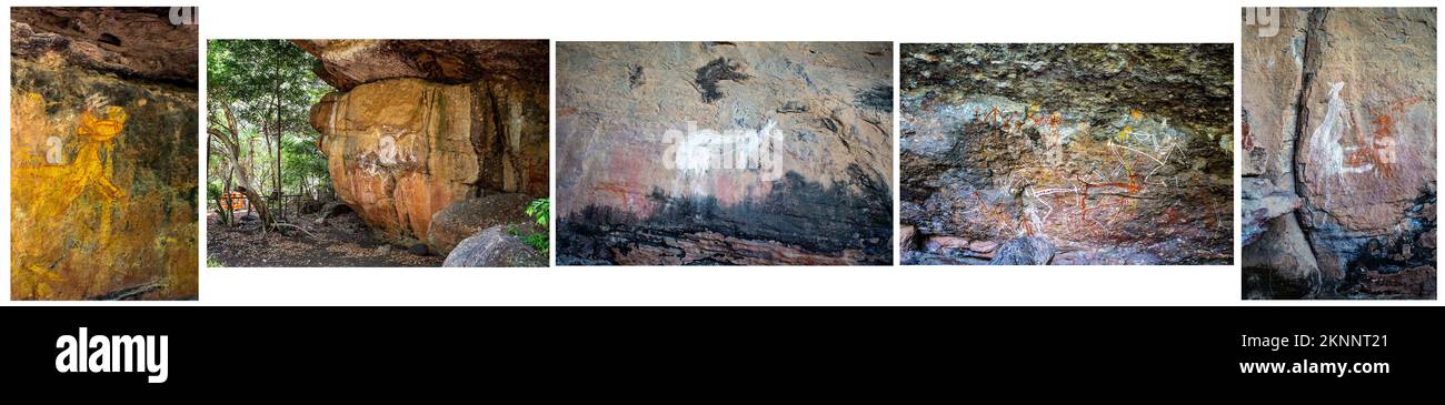 Collage image depicting some of the Aboriginal Rock Art in Kakadu National Park, Northern ...