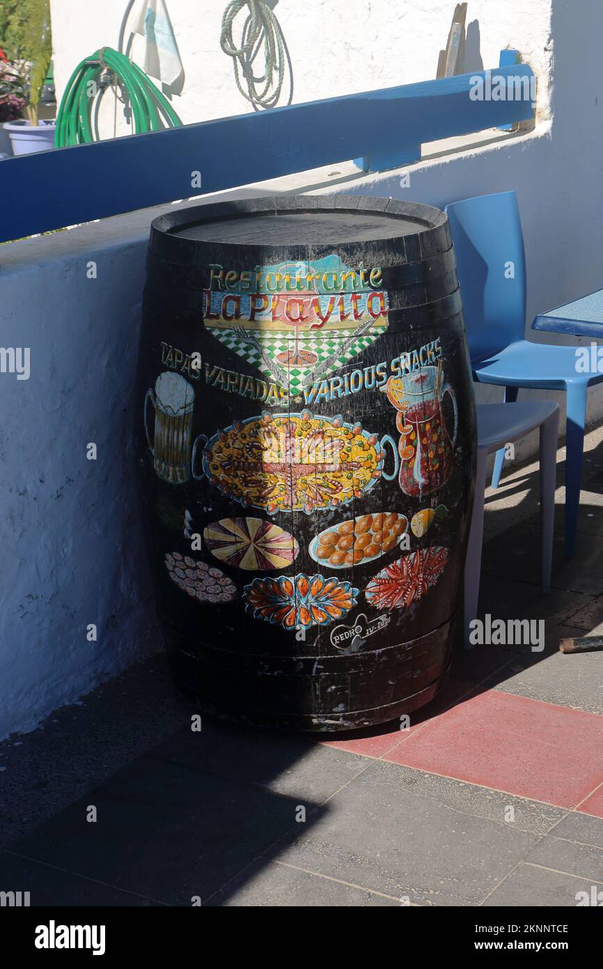 a decorated barrel advertising snacks Stock Photo - Alamy