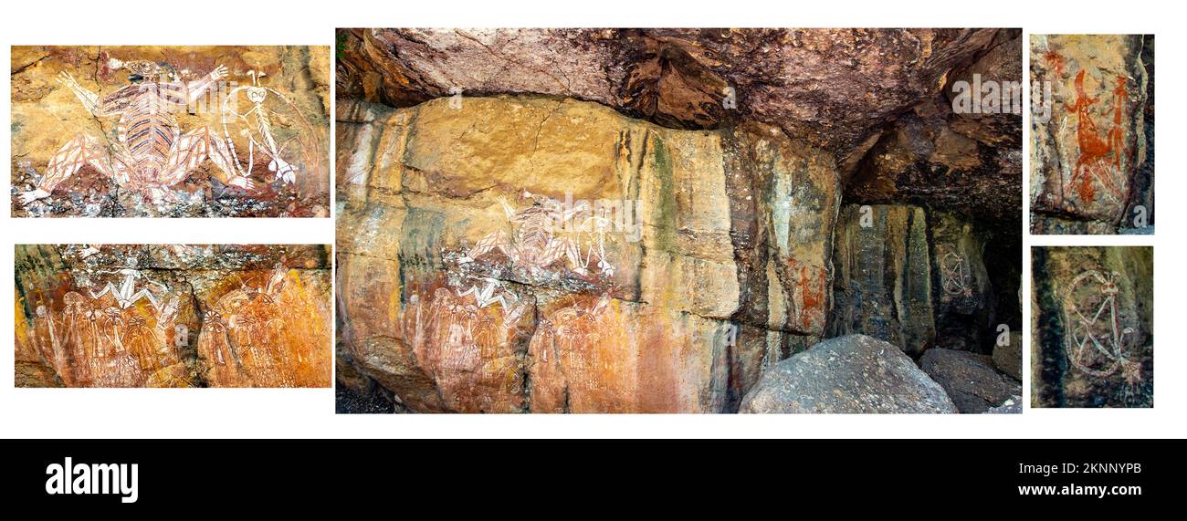 Collage image depicting some of the Aboriginal Rock Art in Kakadu National Park, Northern ...