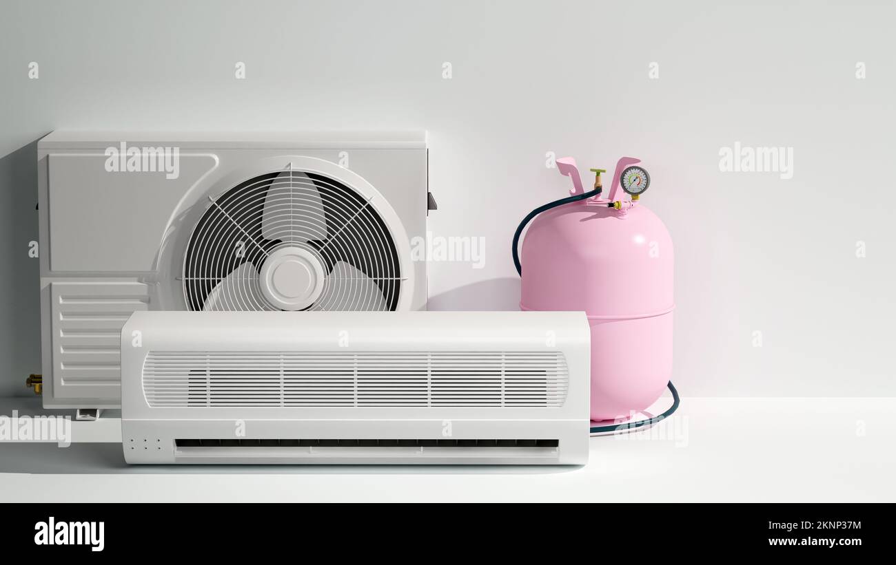 pink gas cylinder for refilling freon next to the air conditioning ...