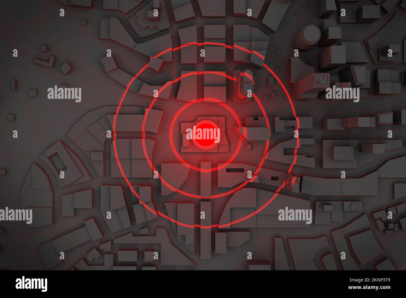 concept red epicenter in black abstract city top view. 3d rendering ...
