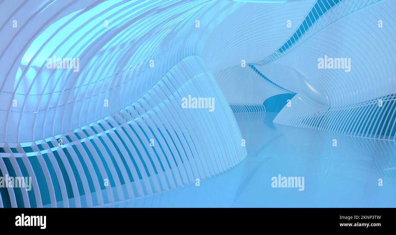 background with parametric architectural curved corridor in blue tones ...