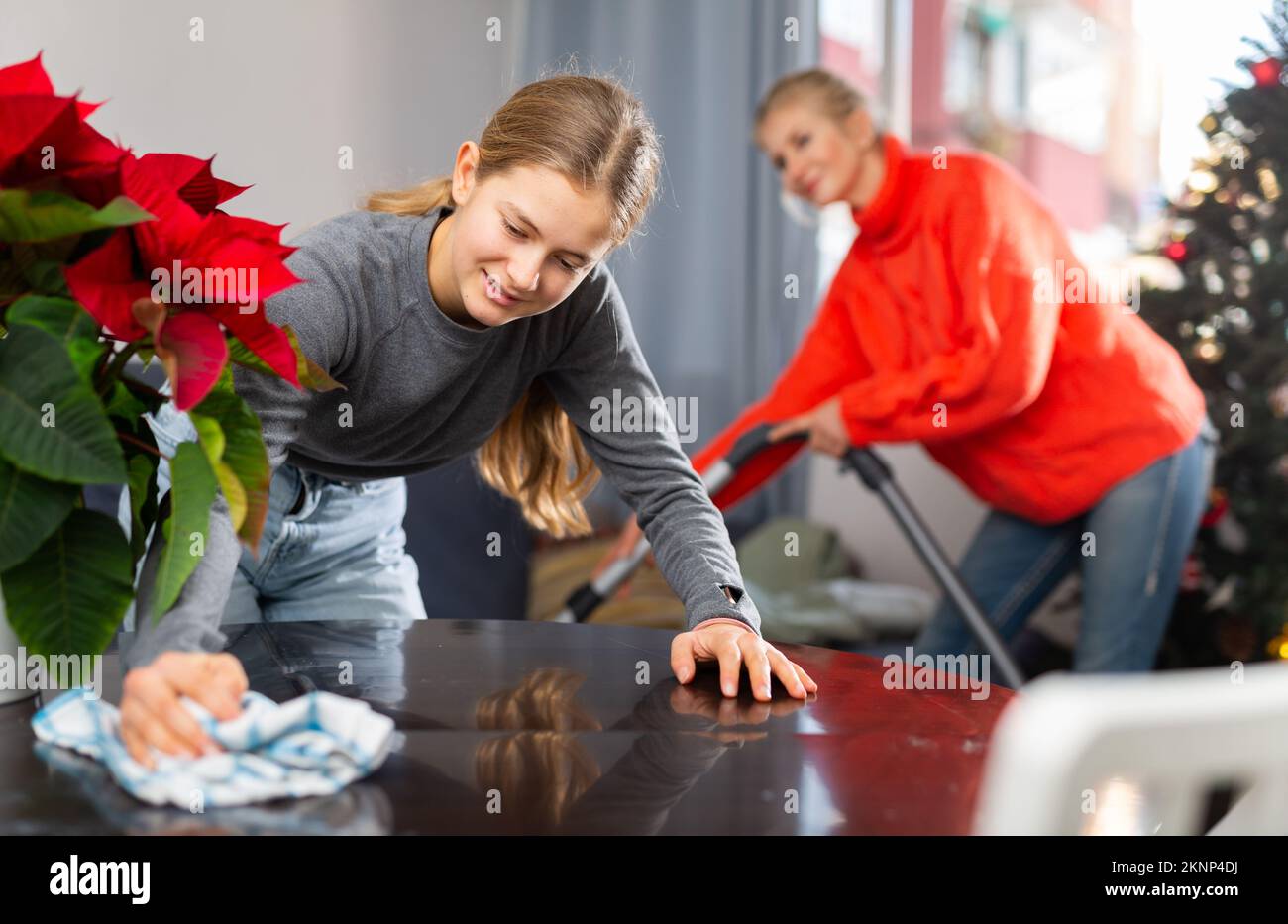 Teenage girl wipes the table Stock Photo - Alamy