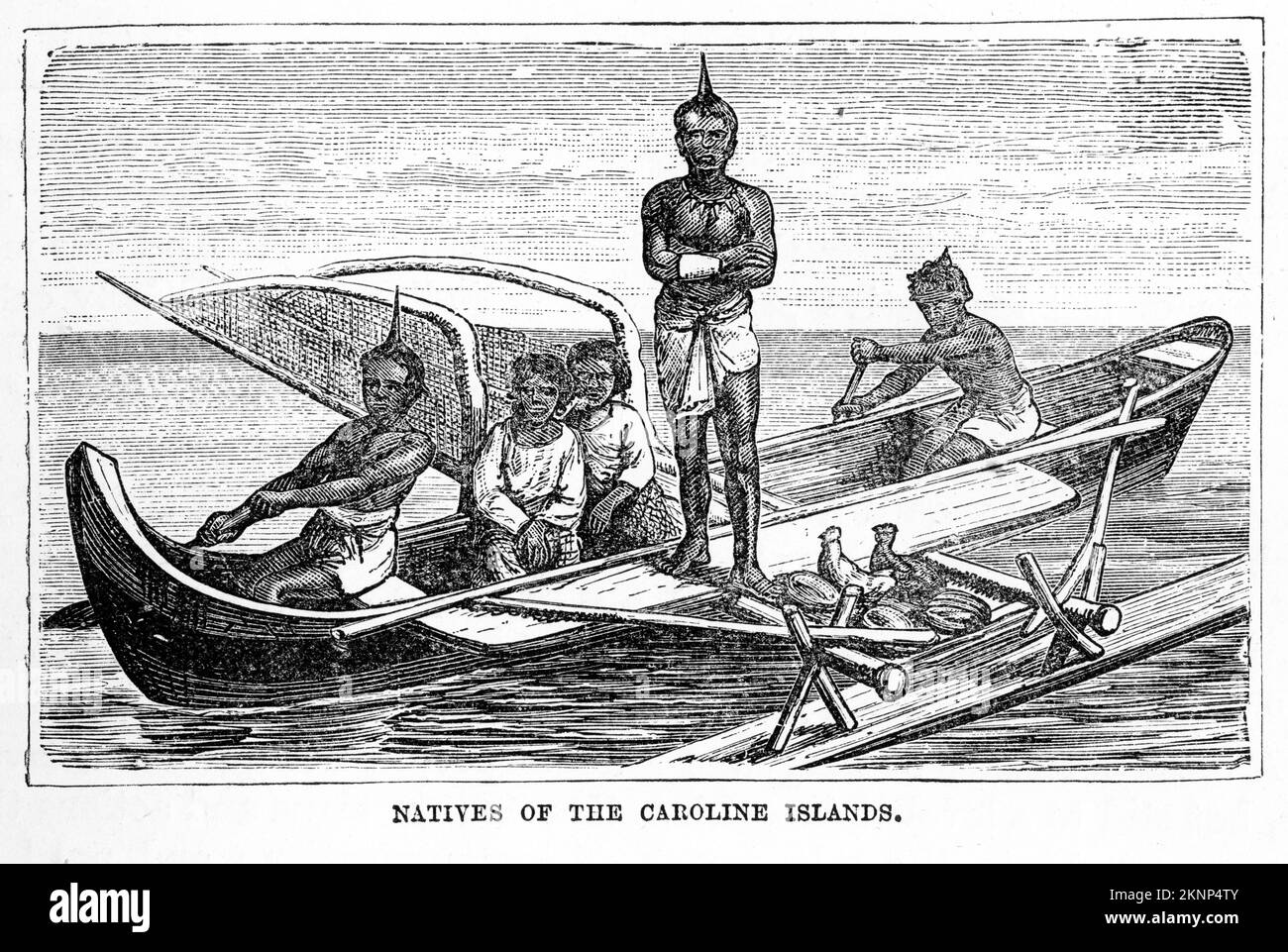 Engraving of Natives of the Caroline Islands in their dugout canoe ...