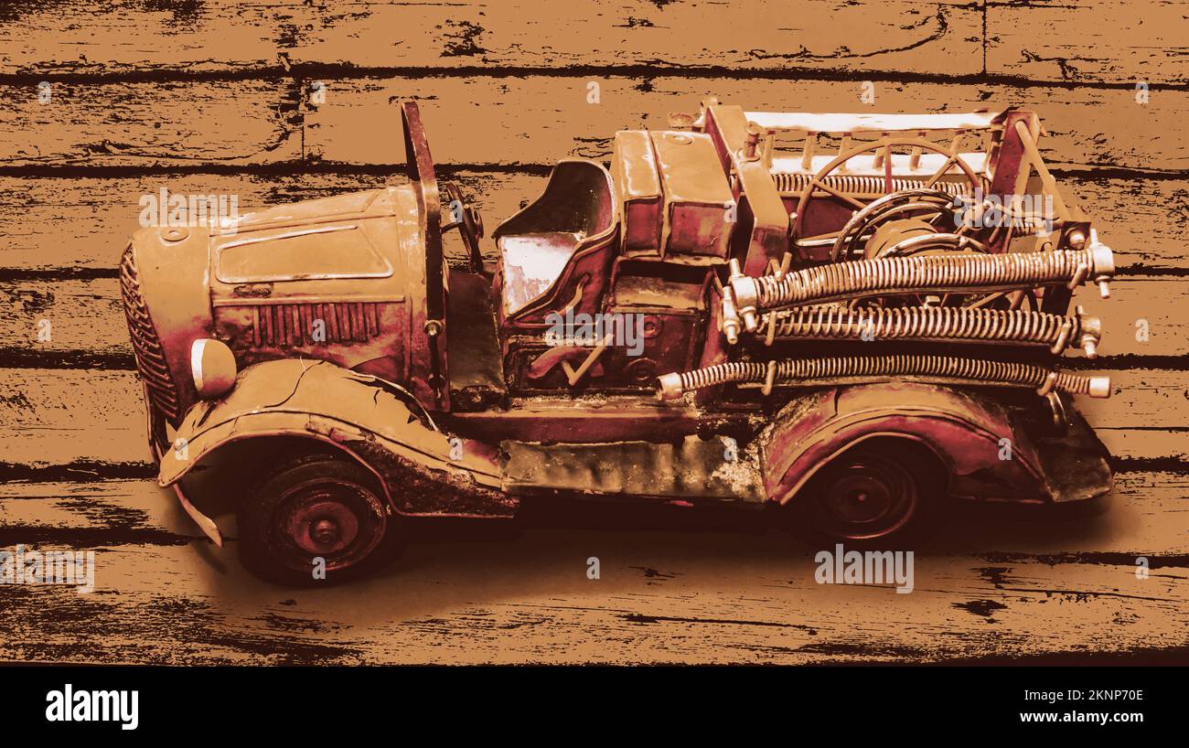 Vintage photo on a fire truck in dilapidated style with rust from ... Vintage photo on a fire truck in dilapidated style with rust from ...