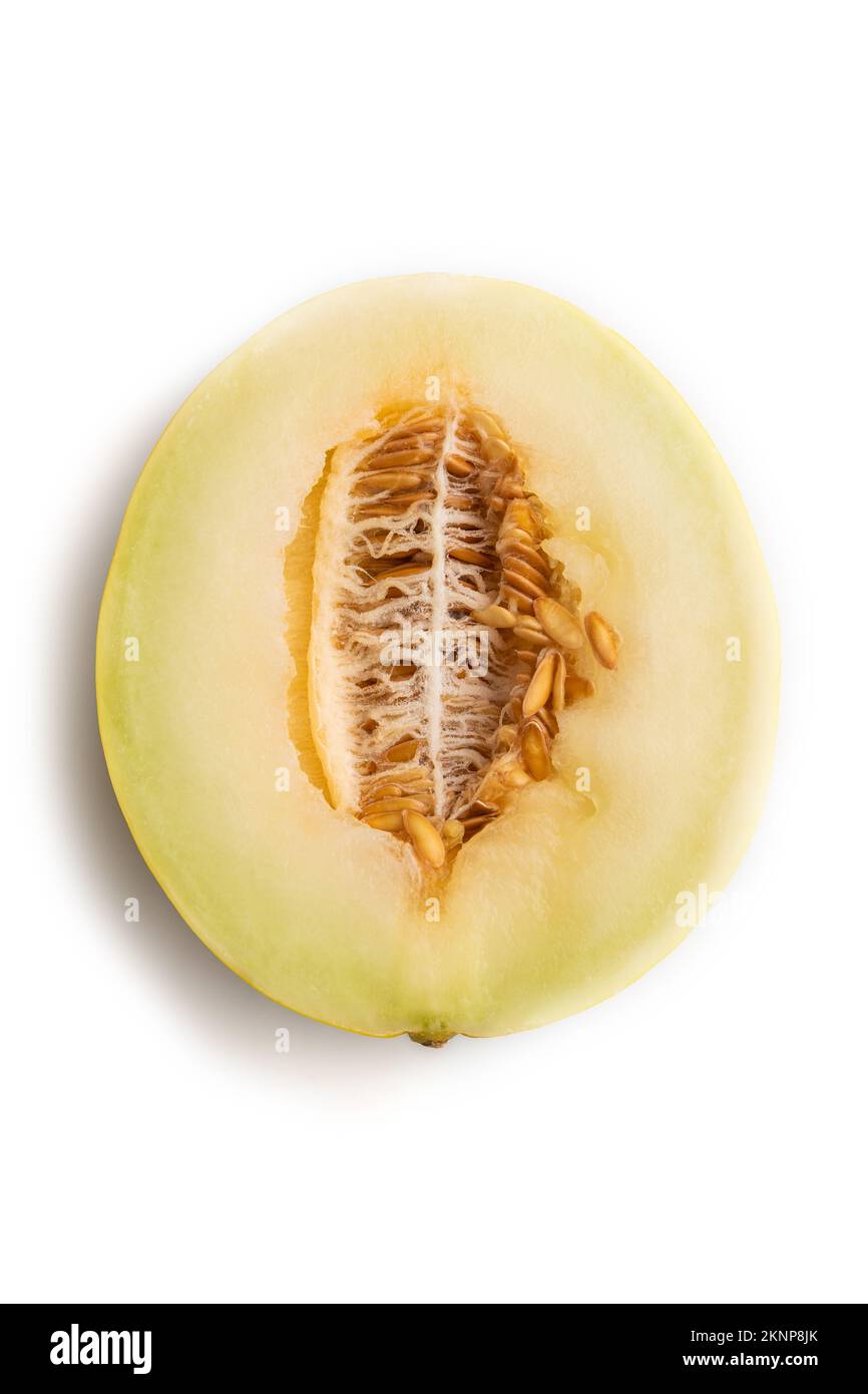 Sliced ripe yellow melon isolated on white background. Top view, flat ...