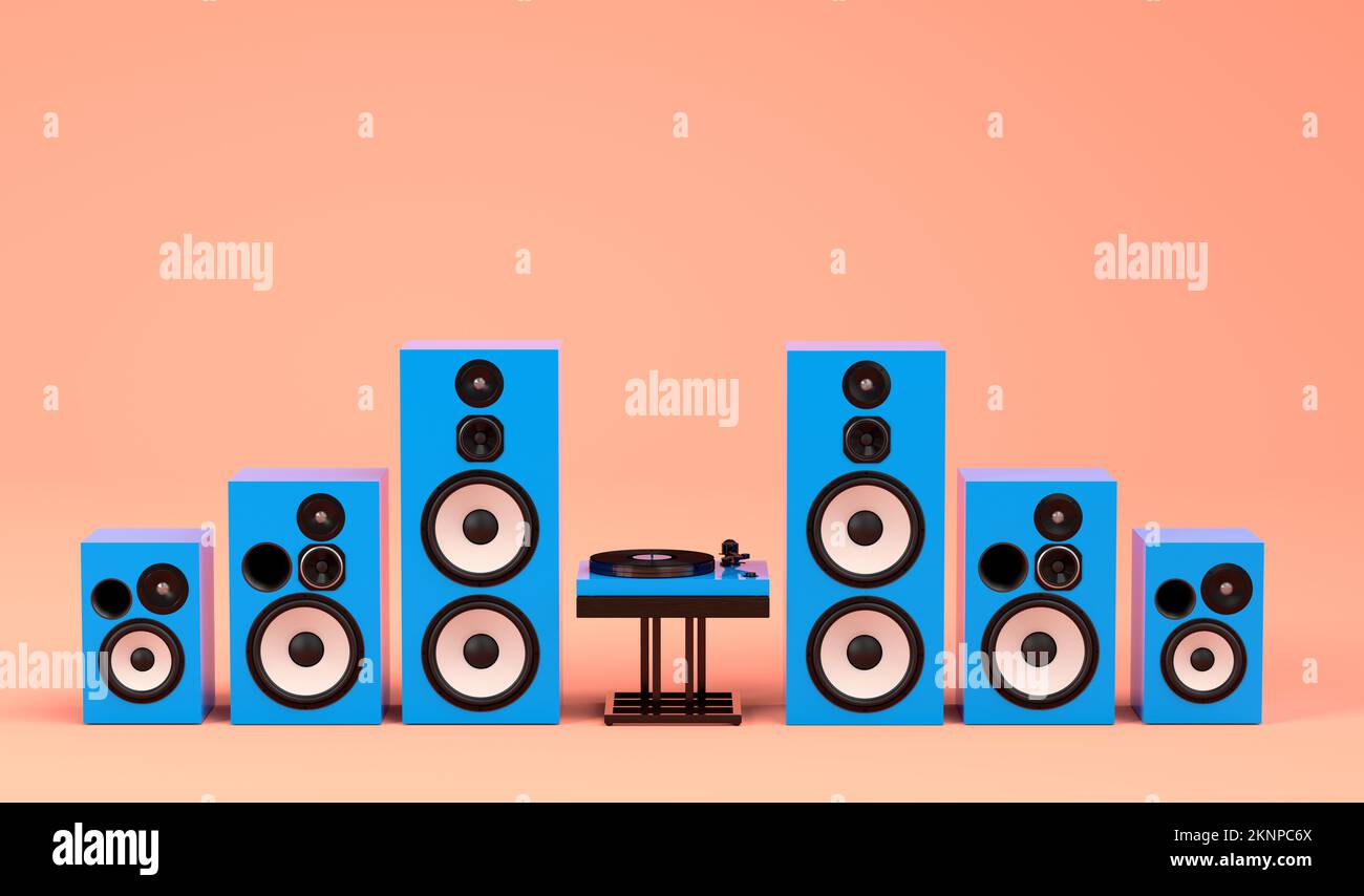 Set of Hi-fi speakers with loudspeakers and DJ turntable on coral ...