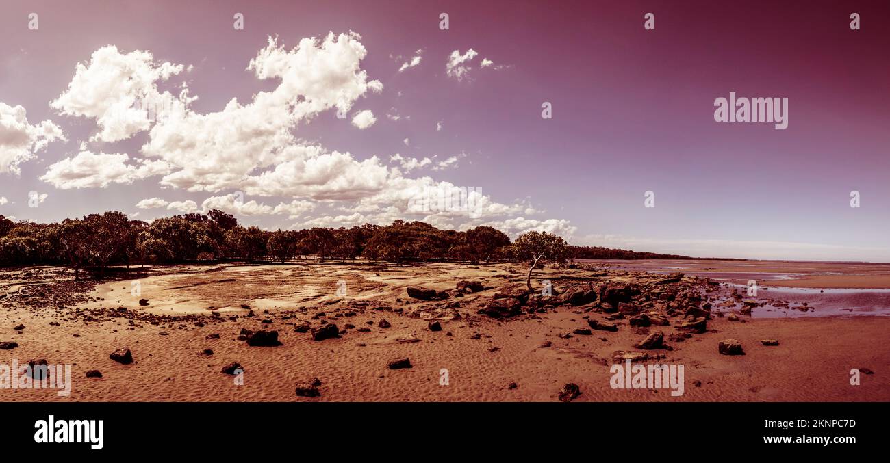 Six photo stitch wide angle of a selenium toned rocky beach landscape ...
