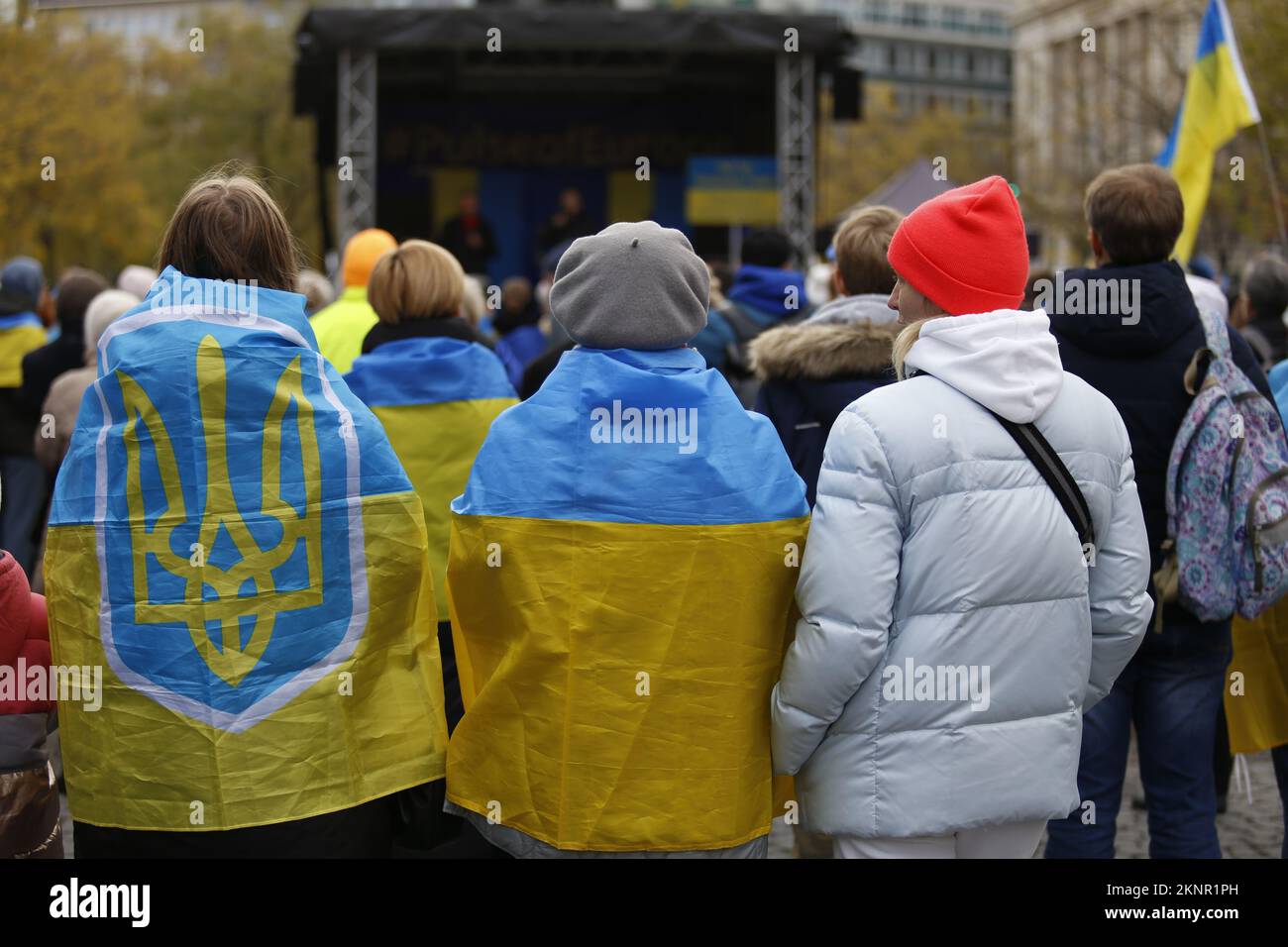 Ukrainian protesters with Ukrainian flags seen gathering during a ...