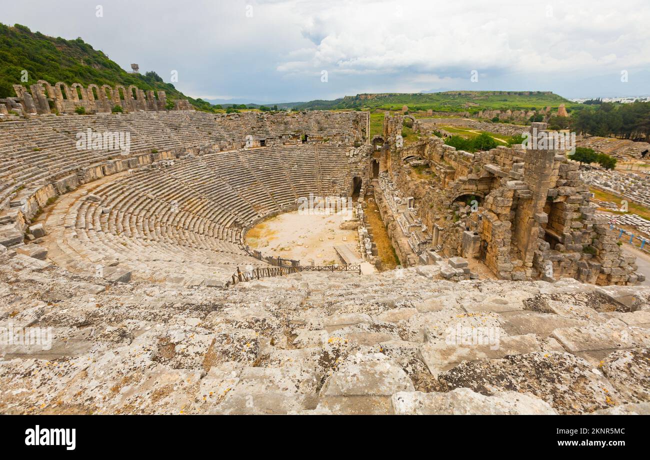 Ruins of ancient amphitheater (Theater) in Perge. Built in the Greco ...