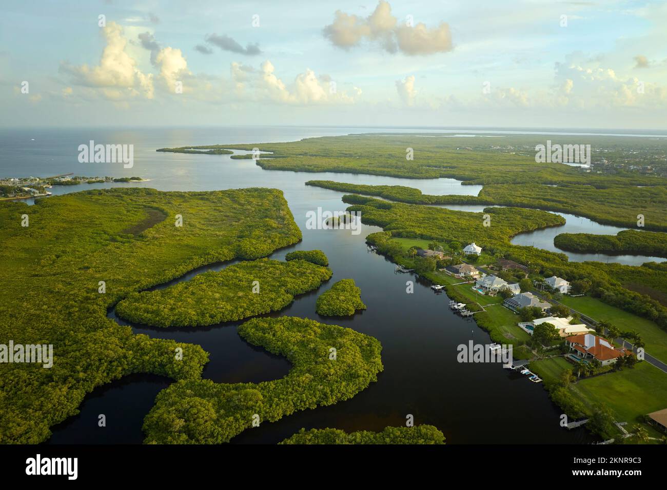 Aerial view of rural private houses in remote suburbs located near ...