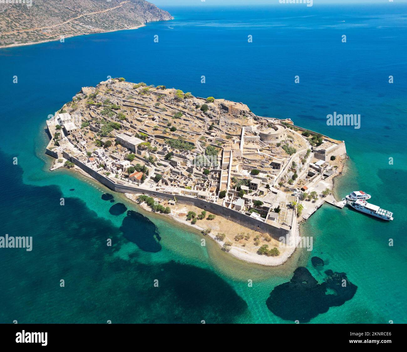 An aerial view of the fortress on the island of Spinalonga with calm ...
