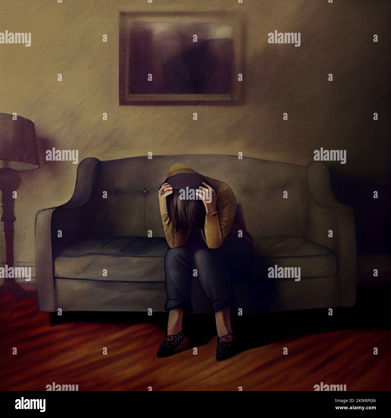 Concept art drawing. Depression / sadness concept: A woman sitting on a ...