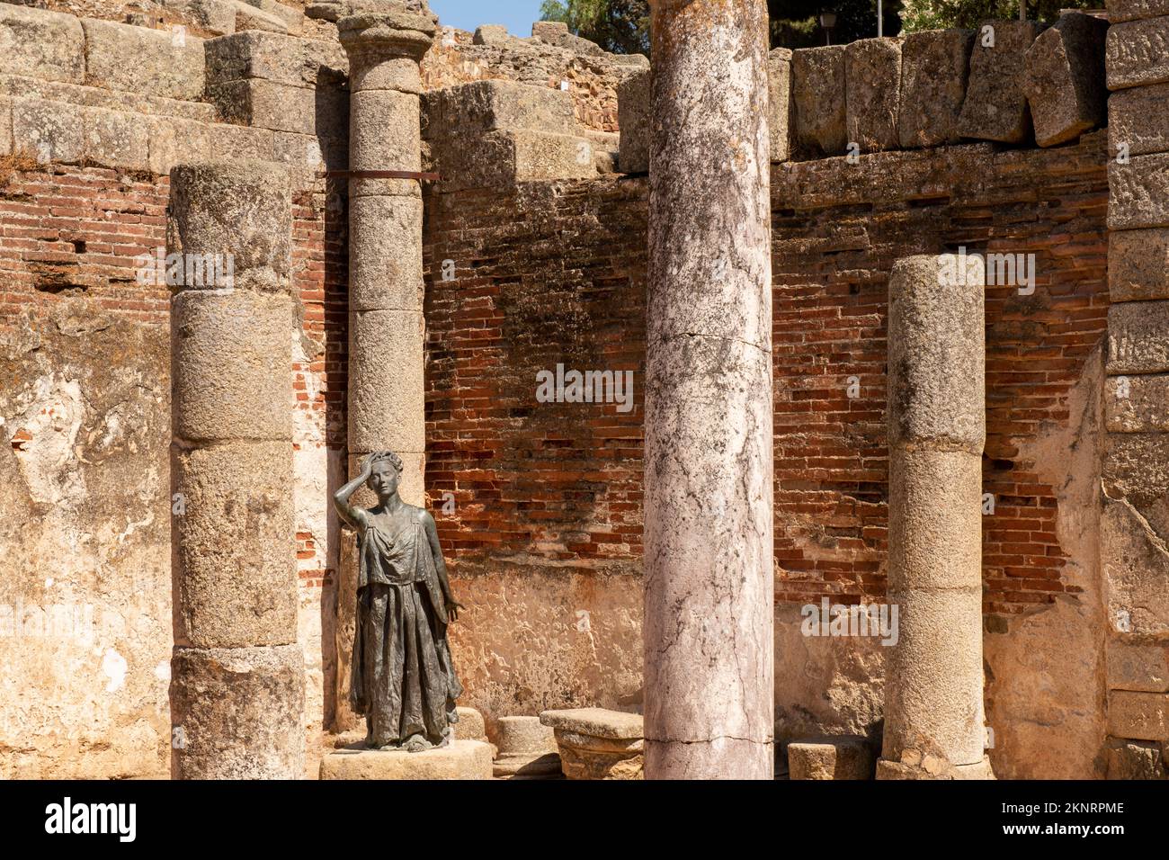 Bronze statue of the actress Margarita Xirgu between columns of the ...
