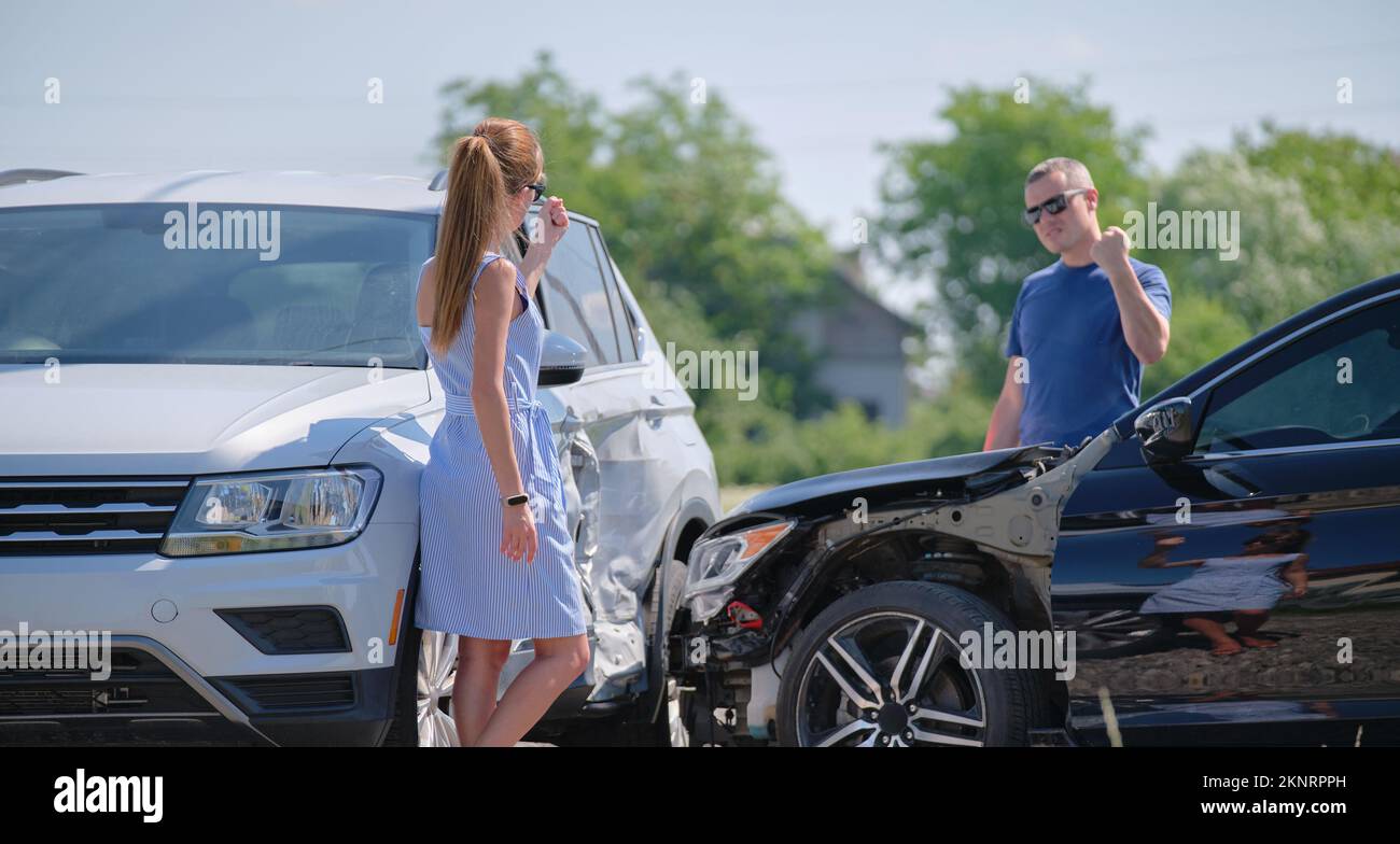 Drivers of smashed vehicles arguing who is guilty in car crash accident ...